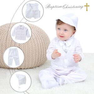 Booulfi Baby Boy Easter Outfit Baptism Christening Outfits for Boys White Tuxedo Suits Photoshoot Dedication Church Blessing Gifts with Shirt Pants Vest Shoes Hat 6-9 M