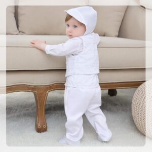 Booulfi Baby Boy Easter Outfit Baptism Christening Outfits for Boys White Tuxedo Suits Photoshoot Dedication Church Blessing Gifts with Shirt Pants Vest Shoes Hat 6-9 M