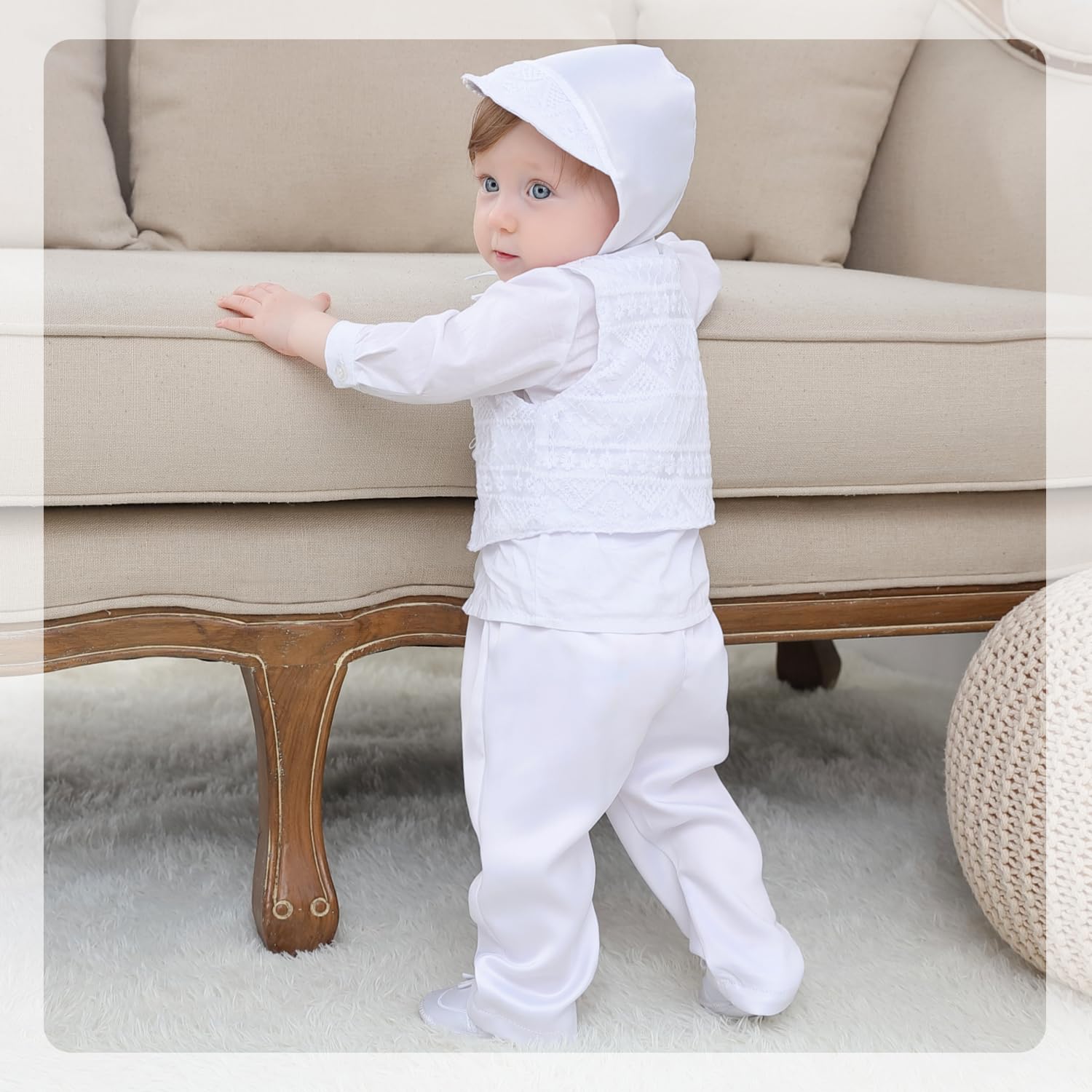 Booulfi Baby Boy Easter Outfit Baptism Christening Outfits for Boys White Tuxedo Suits Photoshoot Dedication Church Blessing Gifts with Shirt Pants Vest Shoes Hat 6-9 M