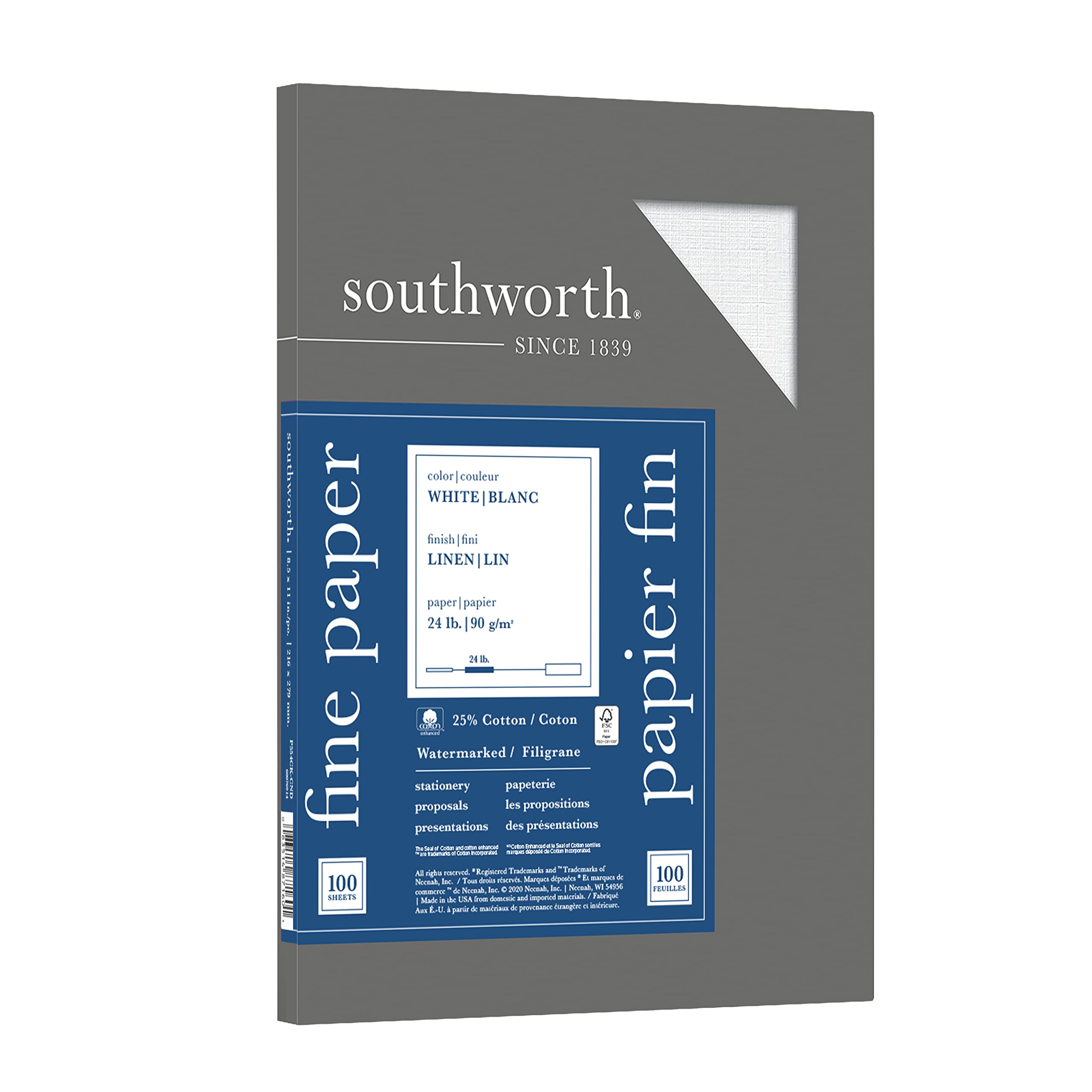 Southworth® 25% Cotton Linen Business Paper, White, Letter (8.5" x 11"), 100 Sheets Per Pack, 24 Lb, 94 Brightness