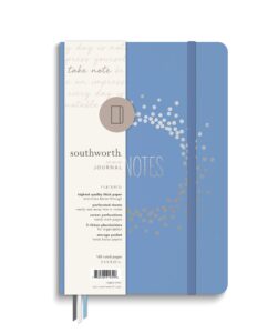 southworth premium journal, 5.5”x 8.25”, periwinkle burst design, premium 28lb/105 gsm paper, medium book bound journal, 3 ribbon placeholders, 80 ruled sheets/160 ruled pages (91931)