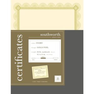 southworth® premium foil certificates, 8 1/2" x 11", 66 lb, ivory/gold foil spiro, pack of 15