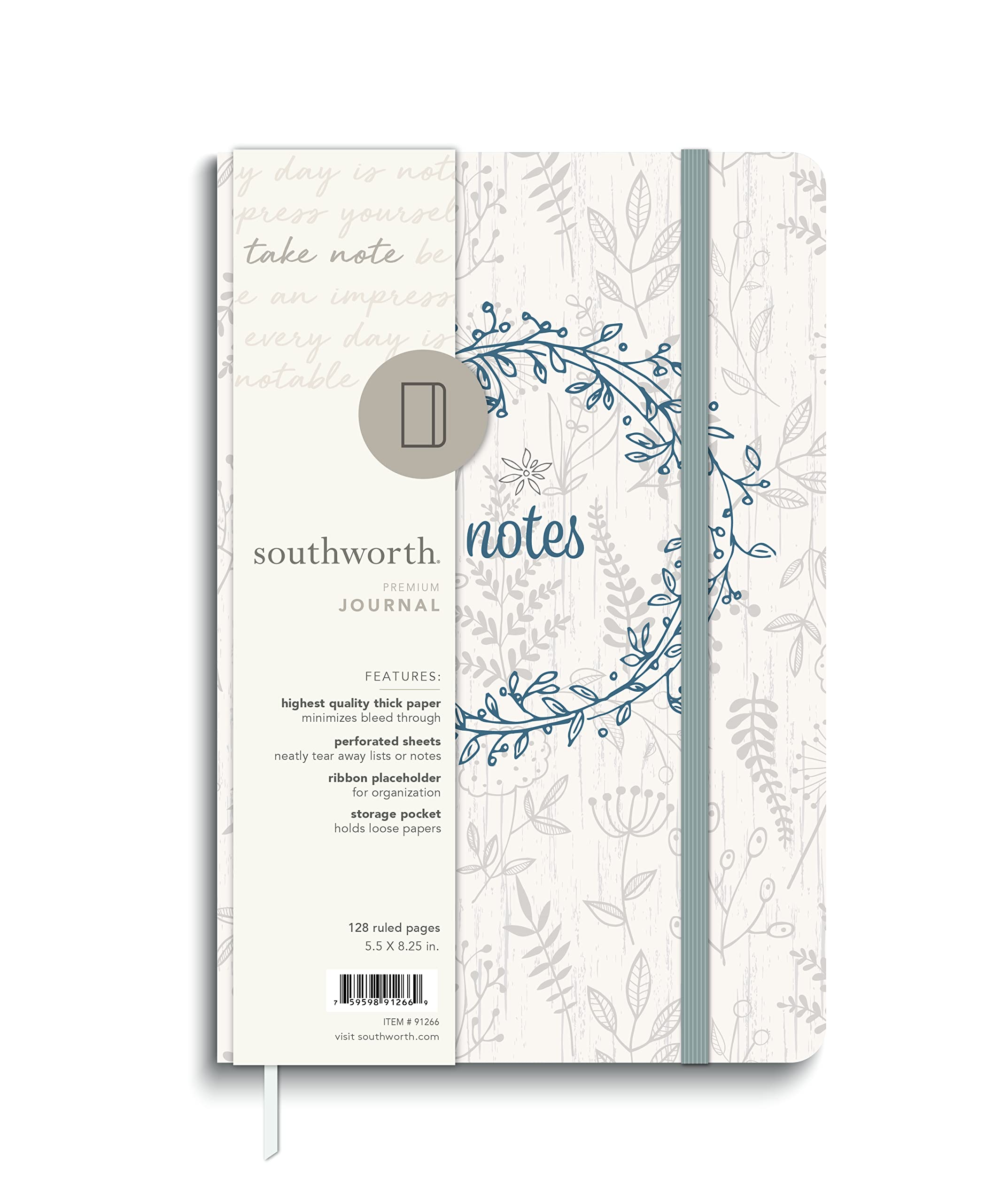 Southworth Premium Journal, 5.5”x 8.25”, Rustic Greenery, Premium 28lb/105gsm Paper, Medium Book Bound Journal, 1 Ribbon Placeholder, 64 Ruled Sheets/128 Ruled Pages (91266)