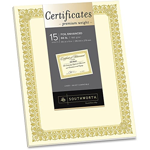 Southworth® Premium Foil Certificates, 8 1/2" x 11", 66 Lb, Ivory/Gold Foil Fleur, Pack Of 15