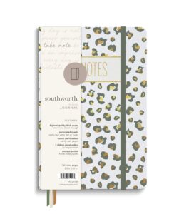 southworth premium journal, 5.5” x 8.25”, sage cheetah design, premium 28lb/105gsm paper, perforated sheets and page corners, 3 ribbon placeholders, 80 ruled sheets/160 ruled pages (91929)