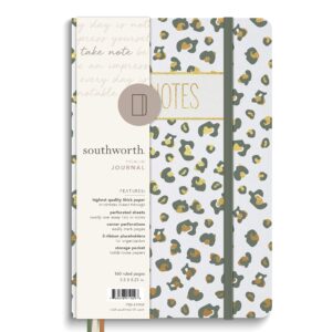 Southworth Premium Journal, 5.5” x 8.25”, Sage Cheetah Design, Premium 28lb/105gsm Paper, Perforated Sheets and Page Corners, 3 Ribbon Placeholders, 80 Ruled Sheets/160 Ruled Pages (91929)