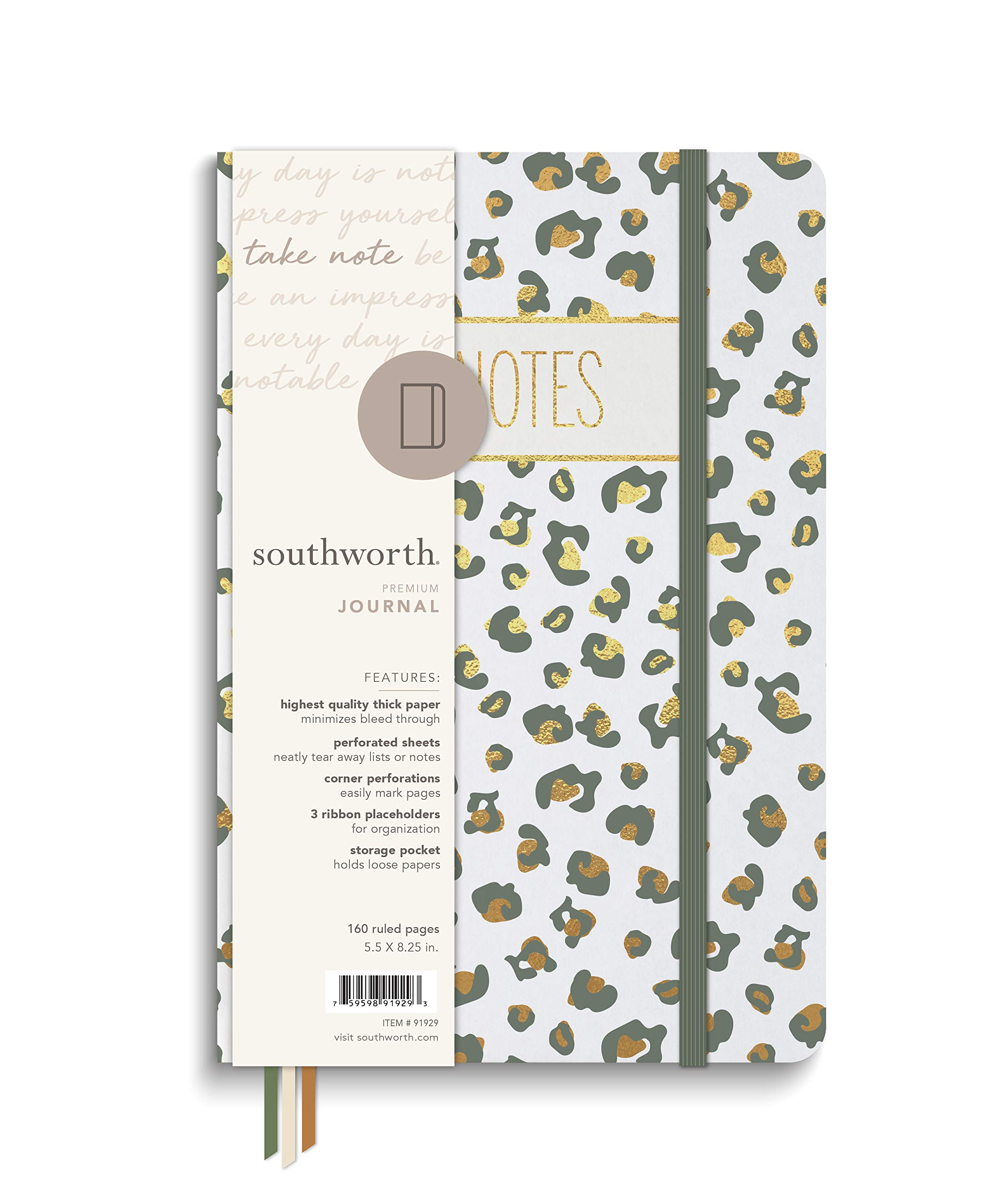 Southworth Premium Journal, 5.5” x 8.25”, Sage Cheetah Design, Premium 28lb/105gsm Paper, Perforated Sheets and Page Corners, 3 Ribbon Placeholders, 80 Ruled Sheets/160 Ruled Pages (91929)