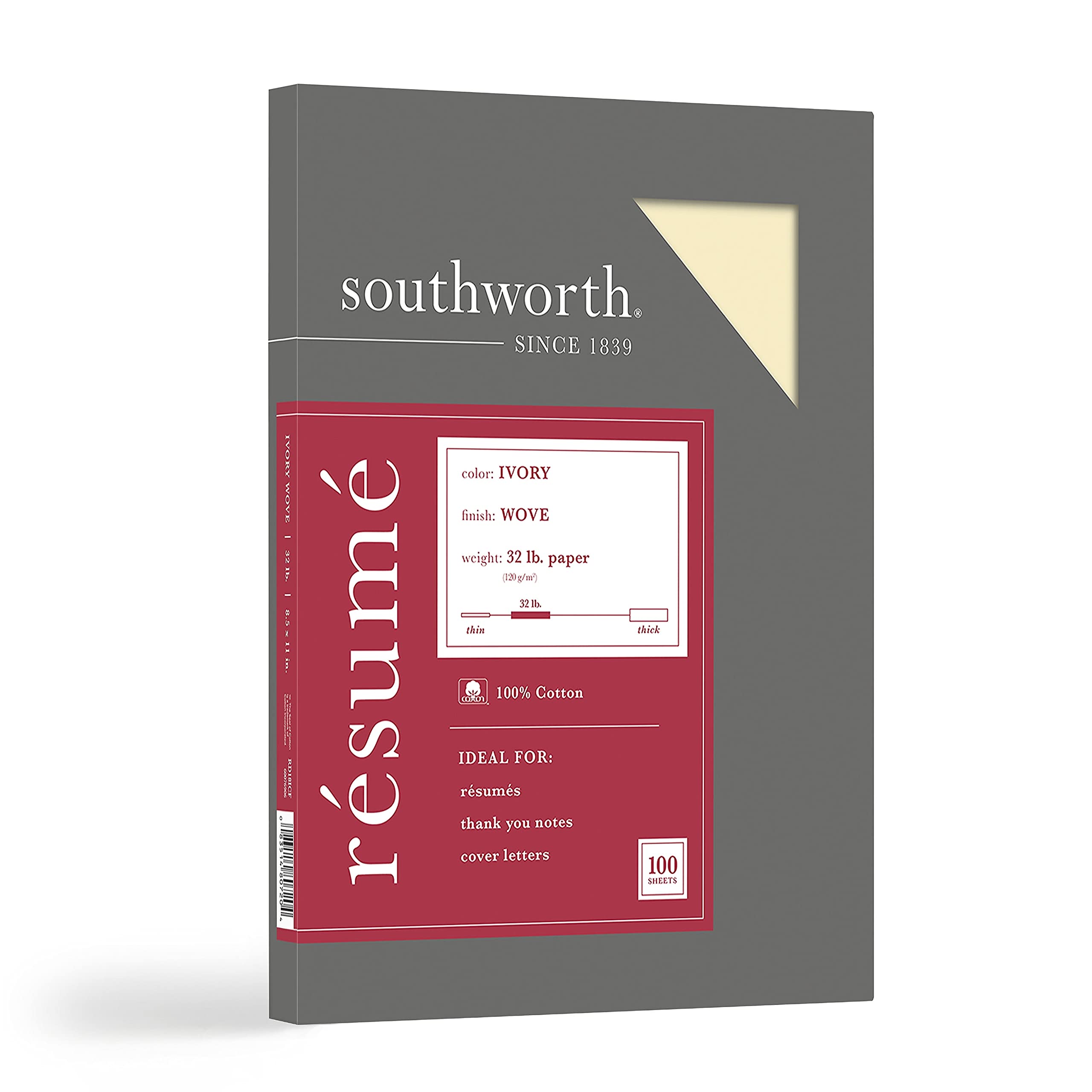 Southworth RD18ICF 100% Cotton Resume Paper 32 lbs. 8-1/2 x 11 Ivory Wove 100/Box