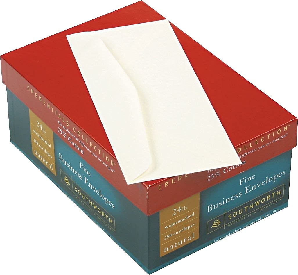 Southworth 25% Cotton #10 Business Envelope, Commercial Flap, Gummed Closure, 4.13 x 9.5, Natural, 250/Box