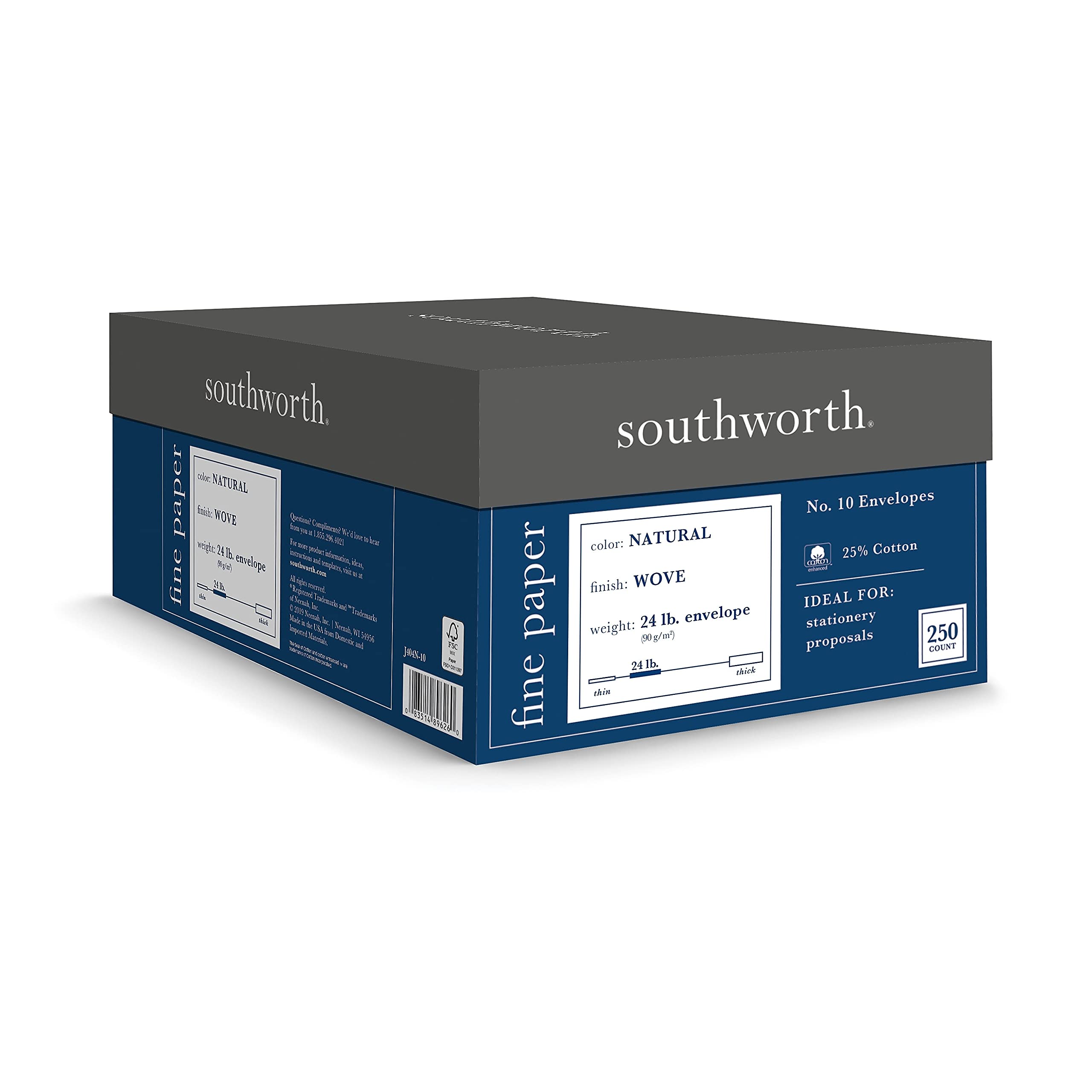 Southworth 25% Cotton #10 Business Envelope, Commercial Flap, Gummed Closure, 4.13 x 9.5, Natural, 250/Box