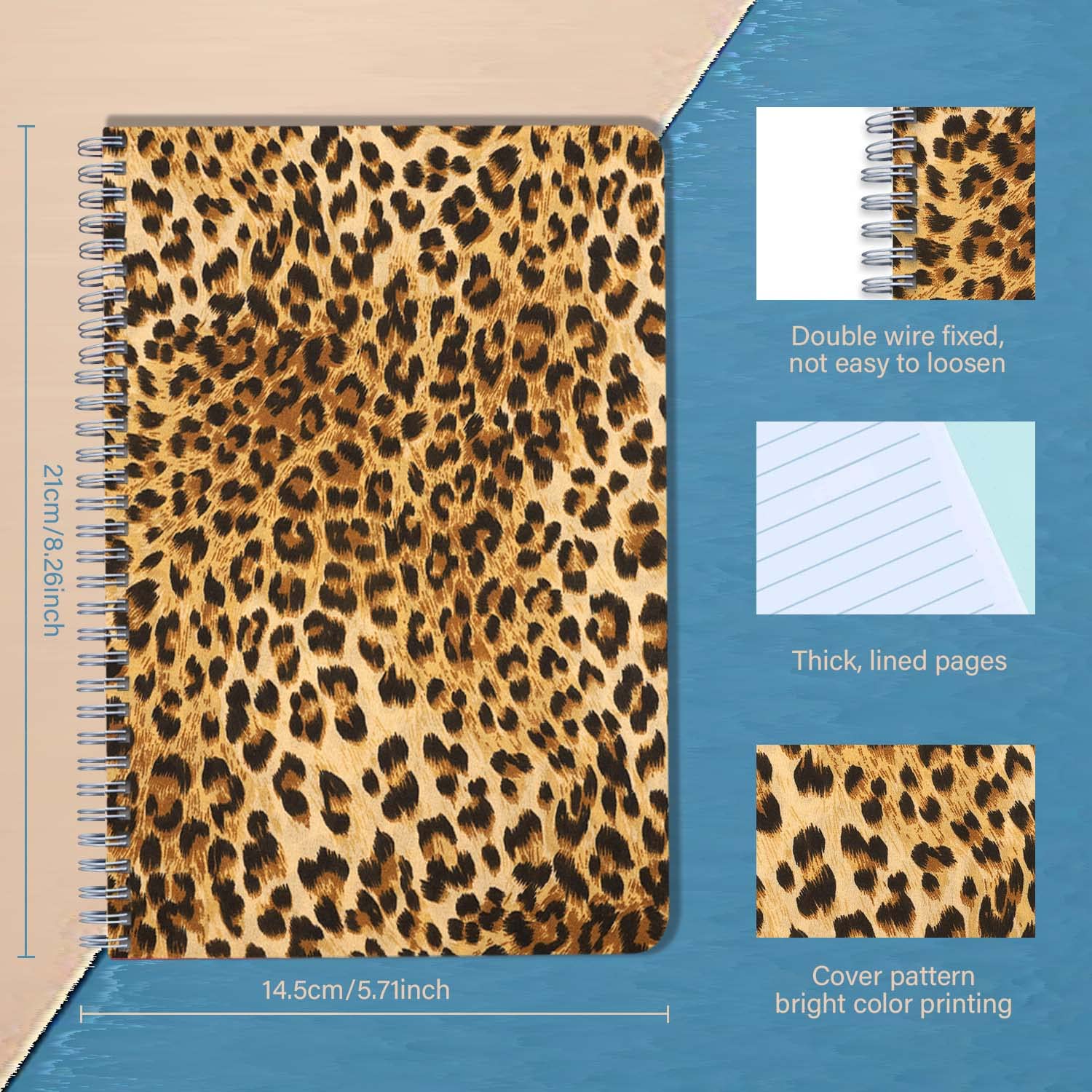 ADOUGEDU Spiral Notebook Set of 3,College Ruled Notebook,A5 Ruled Notebook/Journal,Wirebound Spiral Notebook,5.8" x 8.2",for Journal,Office,School - Cheetah Leopard Pattern