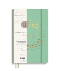 southworth premium journal, 5.5”x 8.25”, mint burst design, premium 28lb/105gsm paper, medium book bound journal, 3 ribbon placeholders, 80 ruled sheets/160 ruled pages (91926)