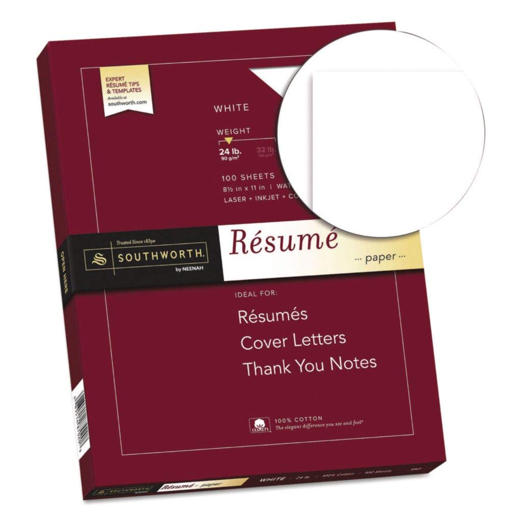 Southworth 100% Cotton Resume Paper, Ivory, 24 lbs., 8-1/2 x 11, Wove, 100/Box