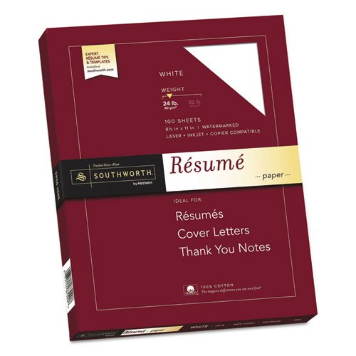 Southworth Products - Southworth - 100% Cotton Résumé Paper, 24 lbs., 8-1/2 x 11, White, 100/Box - Sold As 1 Box - 100% cotton fiber—perfect for any documents where prestige is the look and feel desired. - Strong and durable to withstand years of average