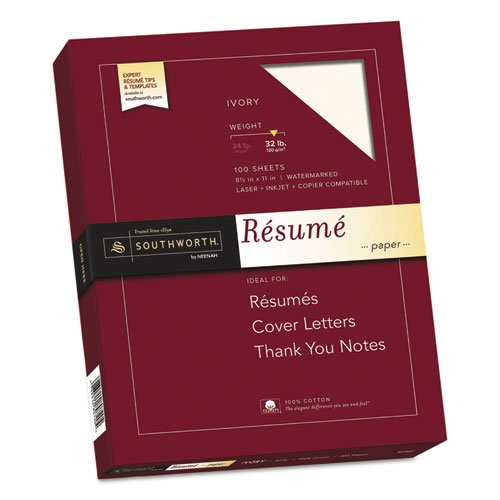 o Southworth o - Connoisseur Exceptional Résumé Paper, Ivory, 32#, 8-1/2 x 11, 100 per Box