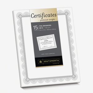 southworth ctp2w premium certificates, white, spiro silver foil border, 66 lb, 8,5 x 11, 15/pack