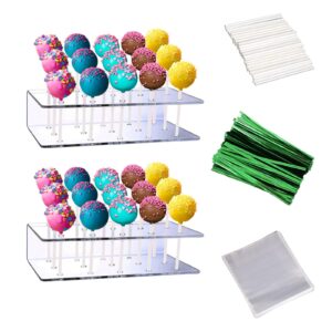 aongch 2pcs cake pop display stand with 300 pcs cake pop sticks and wrappers kit, 15 hole clear acrylic lollipop holder for weddings birthday parties anniversaries halloween candy green