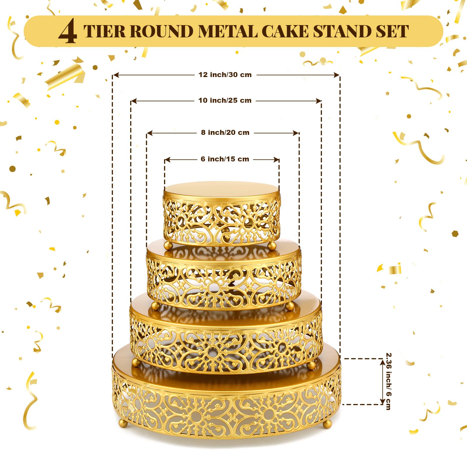 Lallisa 4 Tier Wedding Cake Stand Gold Cake Stands Set 6'' 8" 10" 12" Round Metal Dessert Display Cupcake Holder for Wedding Birthday Baby Shower Graduation Celebration Tea Party Decoration