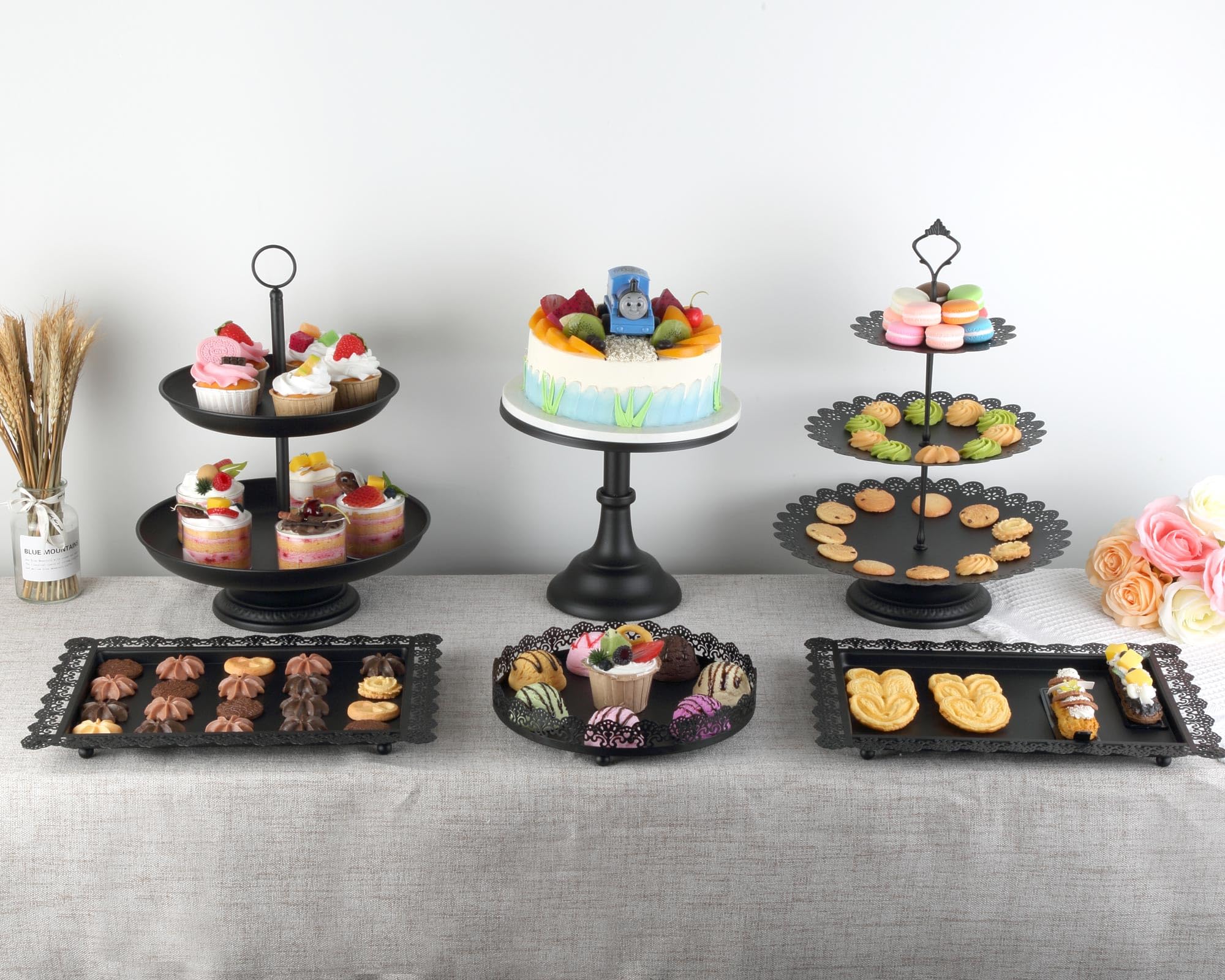 6 Pcs Metal Cake Stand Sets for Dessert Table, Cake Pop Stand Set & Dessert Table Trays & Tiered Cupcake Holder Perfect Display for Wedding, Party, Birthday, Baby Shower, Decorations (Matte Black)