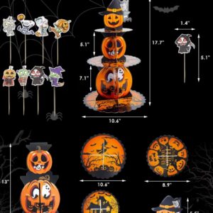 JROYJOY 3 Tier Halloween Cupcake Stand, Cupcake Tower with 16 Pcs Pumpkin Cupcake Toppers, Cake Stand for Dessert Table, Cupcake Display Stand for 24 Cupcakes Party Supplies Halloween Decorations