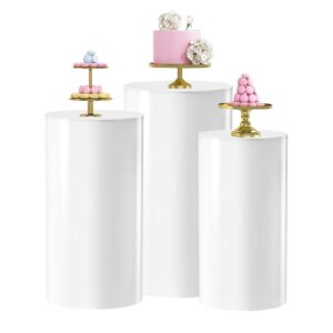 3pc round cylinder pedestal stands, metal pedestal stand cylinder dessert tables for wedding birthday party, wedding centerpiece birthday babyshower backdrop decor,23.6"/21.6"/19.7" high (white-3pcs)