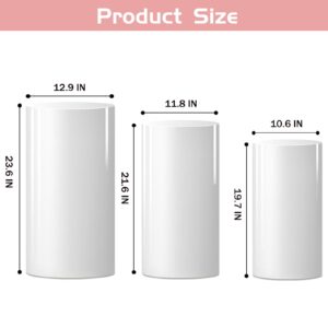 3PC Round Cylinder Pedestal Stands, Metal Pedestal Stand Cylinder Dessert Tables for Wedding Birthday Party, Wedding Centerpiece Birthday Babyshower Backdrop Decor,23.6"/21.6"/19.7" high (White-3PCS)