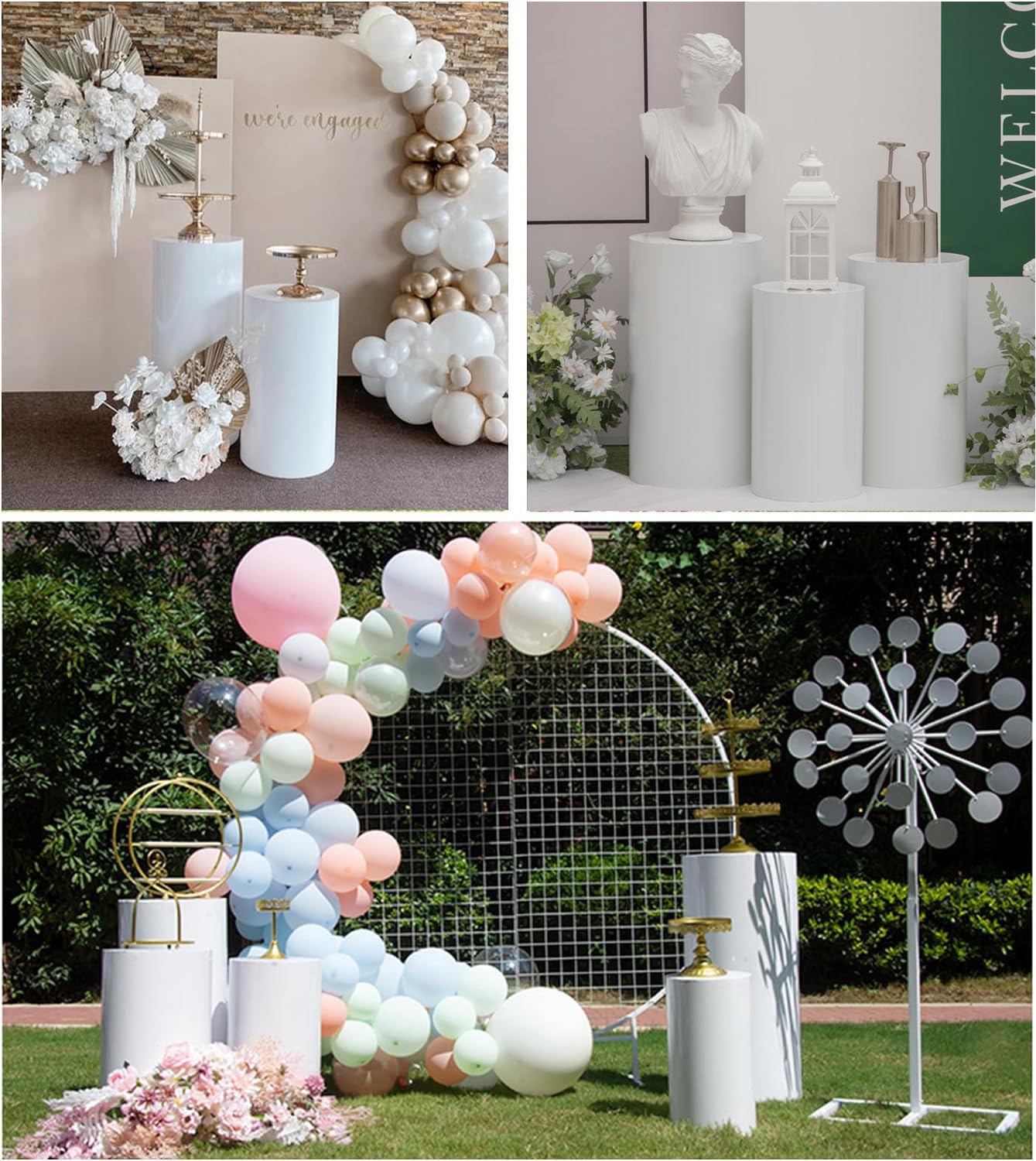 3PC Round Cylinder Pedestal Stands, Metal Pedestal Stand Cylinder Dessert Tables for Wedding Birthday Party, Wedding Centerpiece Birthday Babyshower Backdrop Decor,23.6"/21.6"/19.7" high (White-3PCS)