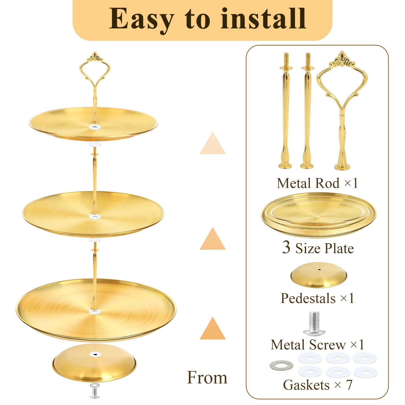 6PCS Gold Cupcake Stand Set, Stainless Steel Dessert Table Display Set, 2PCS 3-Tier Cake Stand, 2PCS Rectangle Serving Tray with Gold Serving Tongs, Candy Cupcake Tower for Wedding Birthday Party