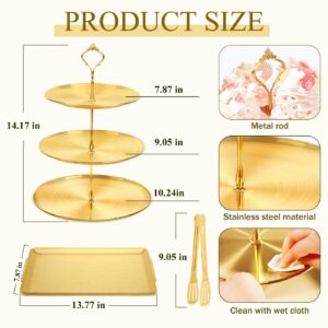 6PCS Gold Cupcake Stand Set, Stainless Steel Dessert Table Display Set, 2PCS 3-Tier Cake Stand, 2PCS Rectangle Serving Tray with Gold Serving Tongs, Candy Cupcake Tower for Wedding Birthday Party