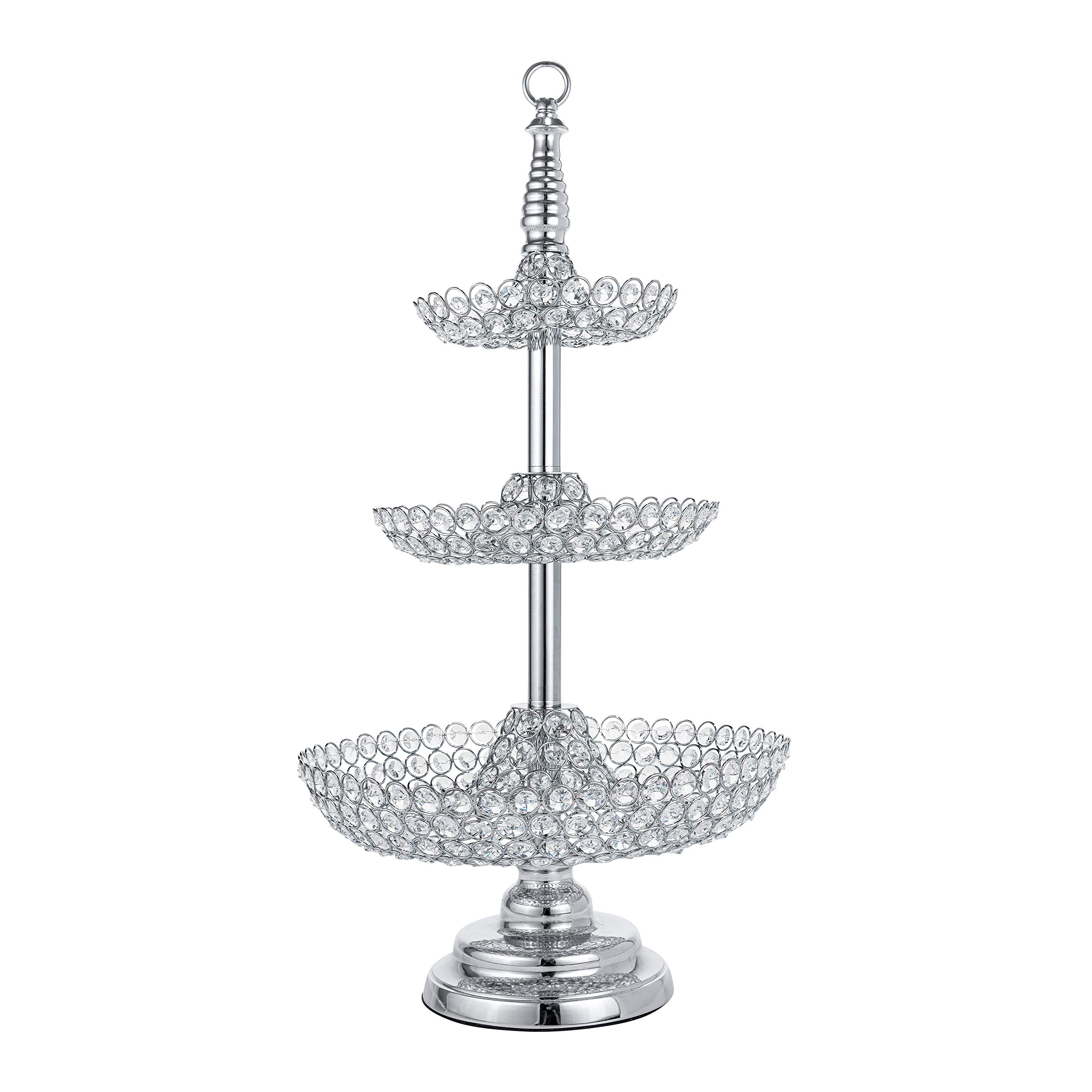 Simply Elegant 3-Tier Crystal Tower Cup Cake Display Stand for Small Treats, Cupcakes, Cookies, Candy, Metal and Sturdy Base, 26" (Silver)