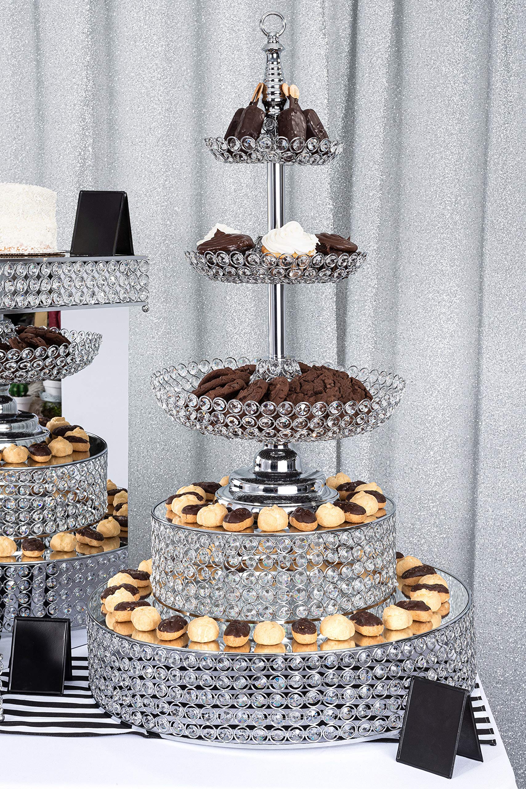 Simply Elegant 3-Tier Crystal Tower Cup Cake Display Stand for Small Treats, Cupcakes, Cookies, Candy, Metal and Sturdy Base, 26" (Silver)