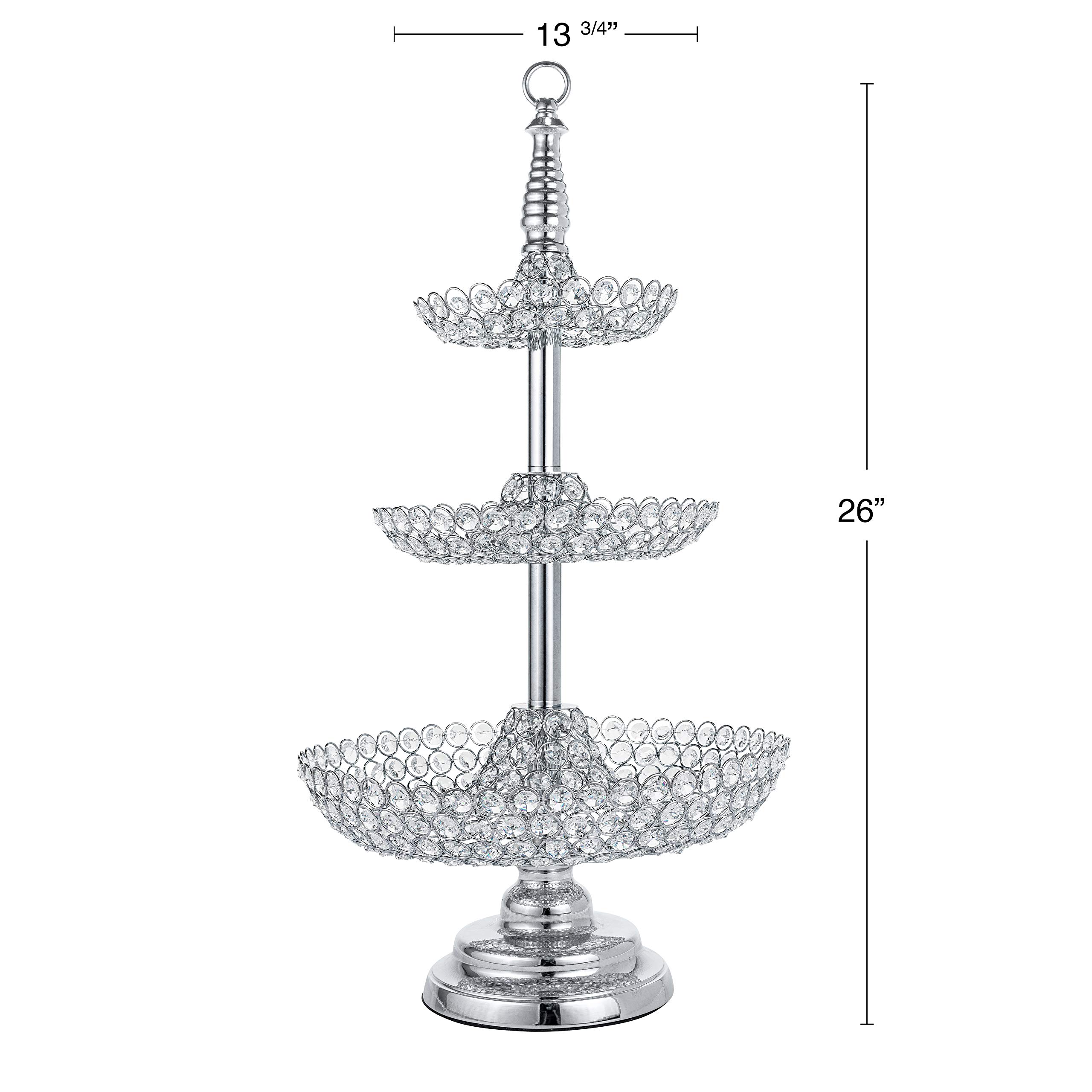 Simply Elegant 3-Tier Crystal Tower Cup Cake Display Stand for Small Treats, Cupcakes, Cookies, Candy, Metal and Sturdy Base, 26" (Silver)