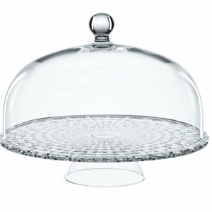 Nachtmann Bossa Nova Collection Crystal glass Chip & Dip/Cake Plate with Dome, use as a Cake Stand, or Serving Platter with Attached Bowl, clear glass Round, 12.5-Inch, Dishwasher Safe