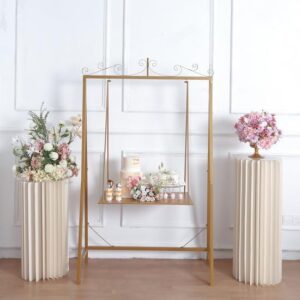 TABLECLOTHSFACTORY 6ft Tall Gold Metal Unique Hanging Dessert Display Swing Floor Stand, Elegant Cake Serving Station