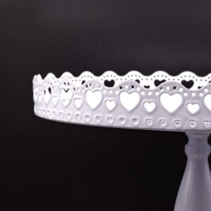 hadaaya 12 Inches White Metal Footed Cake Stand with Hearts Shape Border, Dessert Display Stand, Serving Plate, Pedestal stand for a Birthday party, Weddings, Baby Shower. Christmas Holiday Gifts