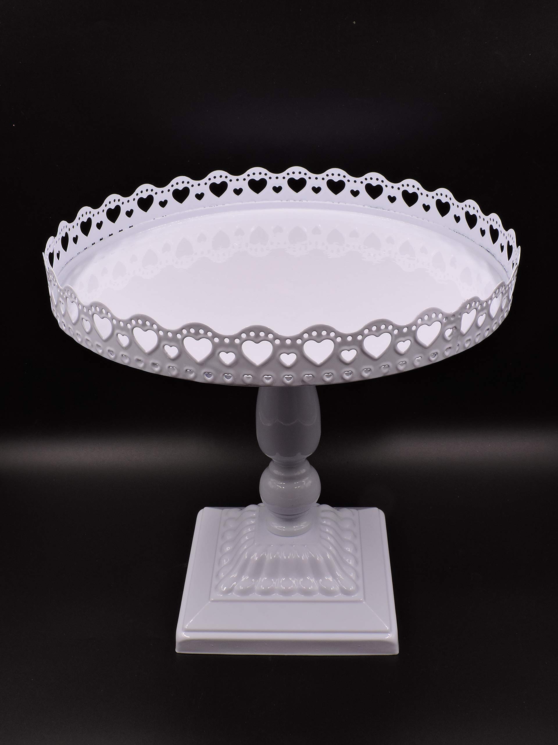 hadaaya 12 Inches White Metal Footed Cake Stand with Hearts Shape Border, Dessert Display Stand, Serving Plate, Pedestal stand for a Birthday party, Weddings, Baby Shower. Christmas Holiday Gifts