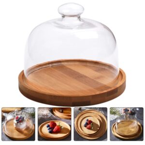 Cabilock Wood Cake Stand with Glass Dome Cheese Board Covered Platter Cake Plate Serving Tray Cupcake Dessert Display for Pies Appetizers Wedding Birthday Party Holiday Treats 15cm