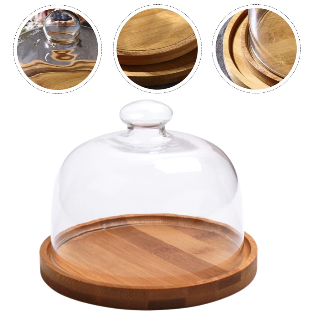 Cabilock Wood Cake Stand with Glass Dome Cheese Board Covered Platter Cake Plate Serving Tray Cupcake Dessert Display for Pies Appetizers Wedding Birthday Party Holiday Treats 15cm