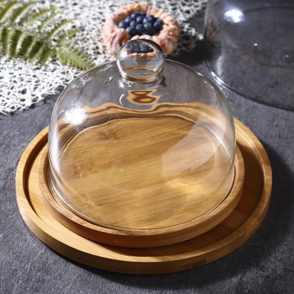 Cabilock Wood Cake Stand with Glass Dome Cheese Board Covered Platter Cake Plate Serving Tray Cupcake Dessert Display for Pies Appetizers Wedding Birthday Party Holiday Treats 15cm