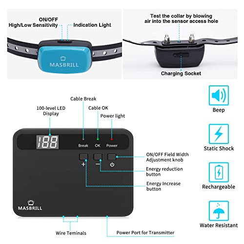 MASBRILL Electric Fence for Dogs-Underground Dog Fence Containment System In-Ground Electric Dog Fence 2 Dogs-Rechargeable Waterproof Collar with Tone/Static Shock Correction Covers up to 3/4 Acre