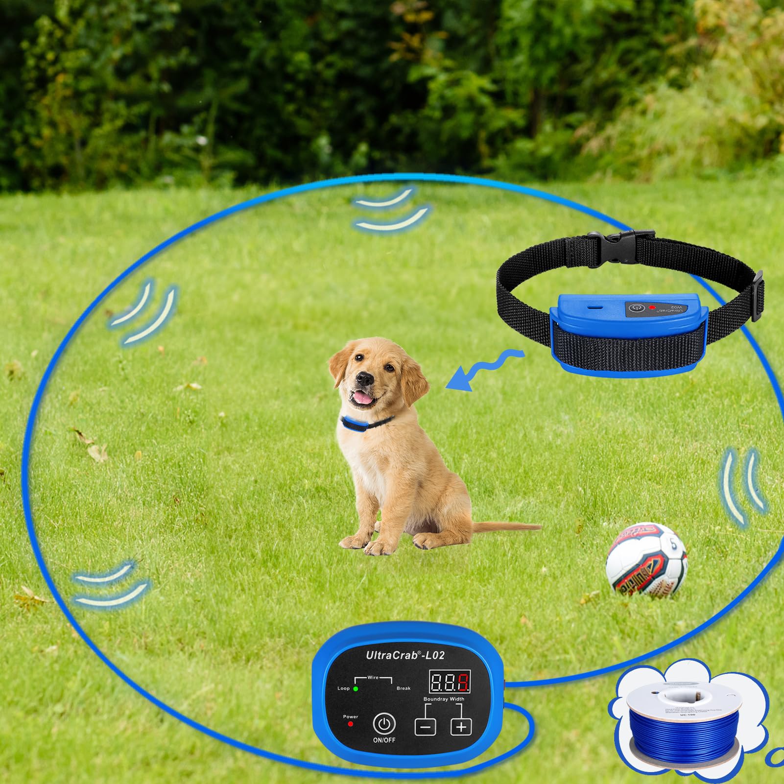 UltraCrab Transmitter for Electric Dog Fence - Underground Dog Fence Containment System, In-Ground Pet Fence Wire Covers up to 2/5 Acre for Dog Over 15lb, Tone/Static Correction, Blue