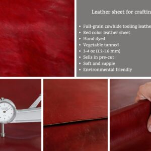 Full Grain Vegetable Tanned Tooling Leather Square 1.2-1.6mm (3-4oz) Thick Pre-Cut Cowhide Leather Sheet for Leather Crafting (6 x 12 in, Red)