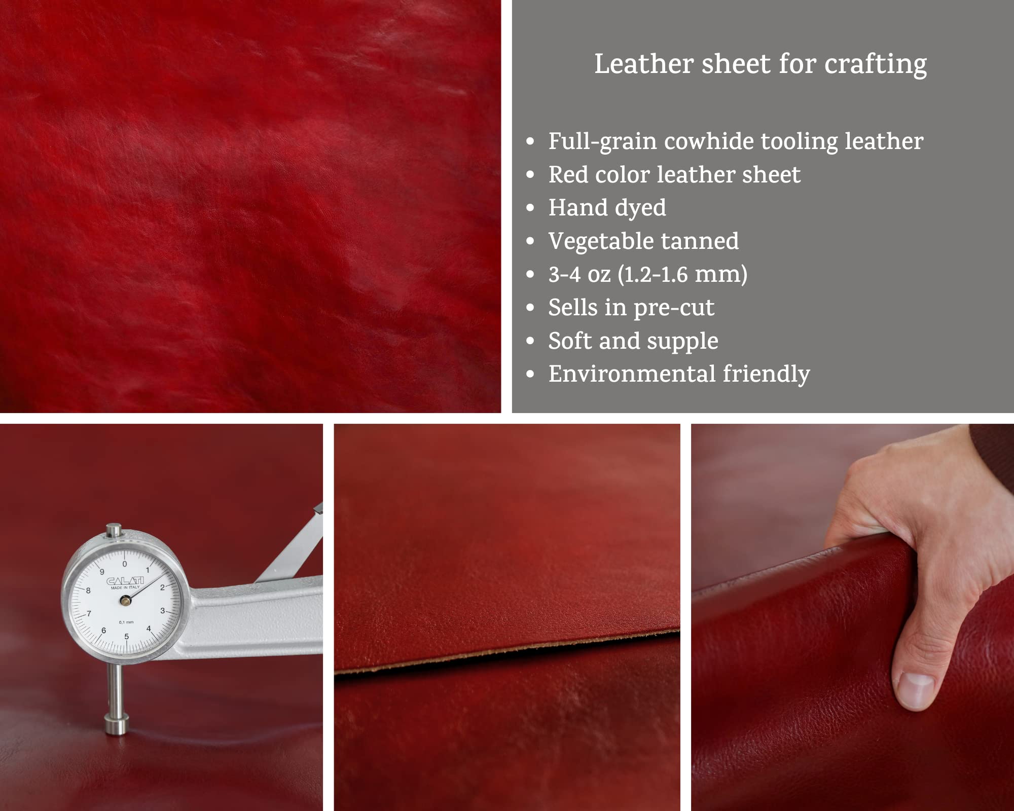 Full Grain Vegetable Tanned Tooling Leather Square 1.2-1.6mm (3-4oz) Thick Pre-Cut Cowhide Leather Sheet for Leather Crafting (6 x 12 in, Red)