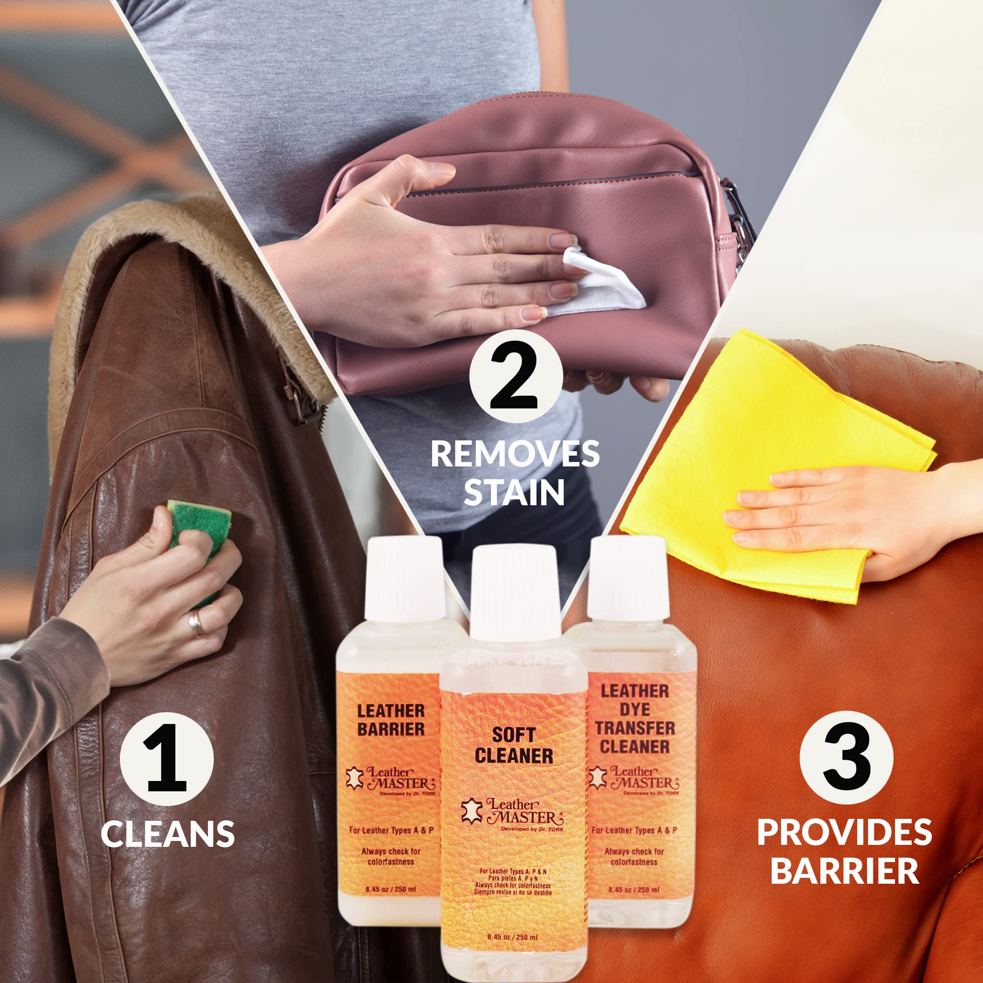 Leather Master Dye Transfer Cleaning Bundle - Repairs, Cleans, and Conditions. Will Remove Color and Dye Transfers from Furniture. Ideal for Couch, Boot, Car Interior Fabric, and Light Leather