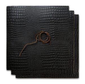 black alligator pattern leather sheets – 3 sheets (12x12")+ leather cord (36") - full grain buffalo leather squares - tooling leather squares for jewelry, wallets, arts & crafts