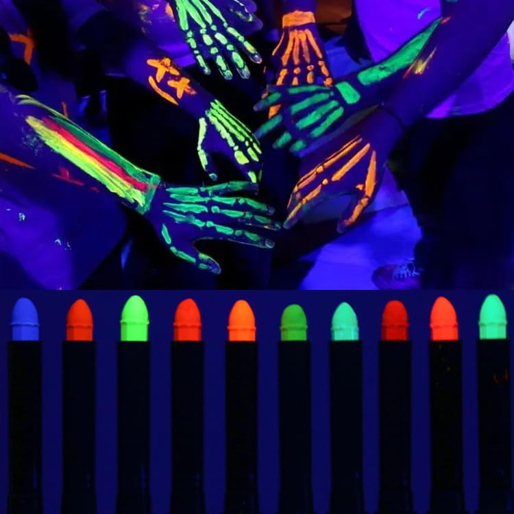 12 Color Glow in The Black Light Face & Body Paint,UV Neon Glow Fluorescent Face Paint Crayons for Halloween Club Makeup Xmas Glow Party