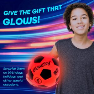 GlowCity Glow in The Dark Soccer Ball | Light Up Indoor/Outdoor Soccer Ball with 2 LED Lights | Pre-Installed Batteries | Fun Gift for Teens