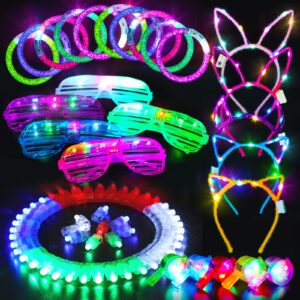 fabeto light up glow party supplies 65 pack new year eve led glow in the dark birthday neon party favors accssories for kids adults, 5 glasses 10 bracelets 5 headbands 5 necklaces 40 finger lights