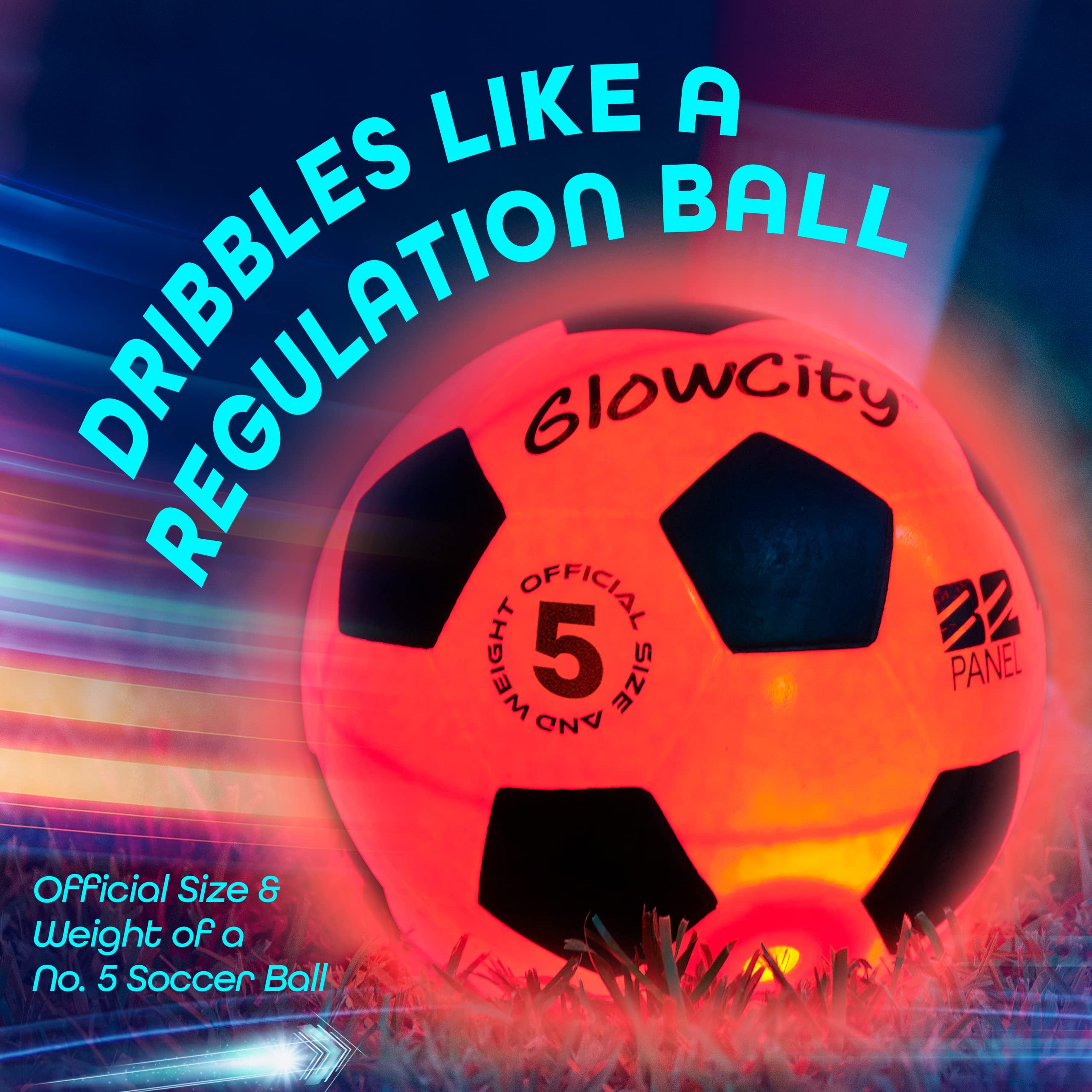 GlowCity Glow in The Dark Soccer Ball | Light Up Indoor/Outdoor Soccer Ball with 2 LED Lights | Pre-Installed Batteries | Fun Gift for Teens