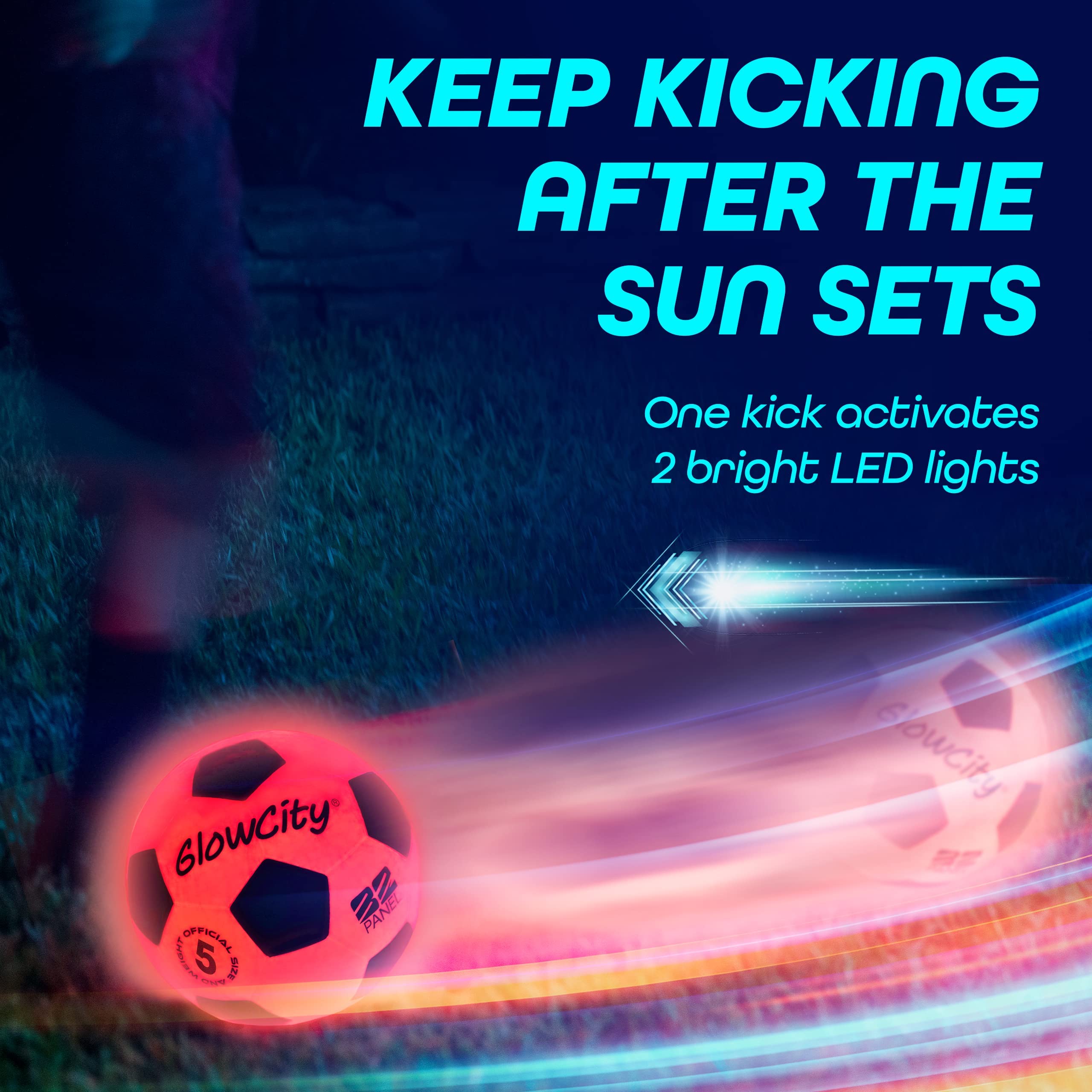 GlowCity Glow in The Dark Soccer Ball | Light Up Indoor/Outdoor Soccer Ball with 2 LED Lights | Pre-Installed Batteries | Fun Gift for Teens